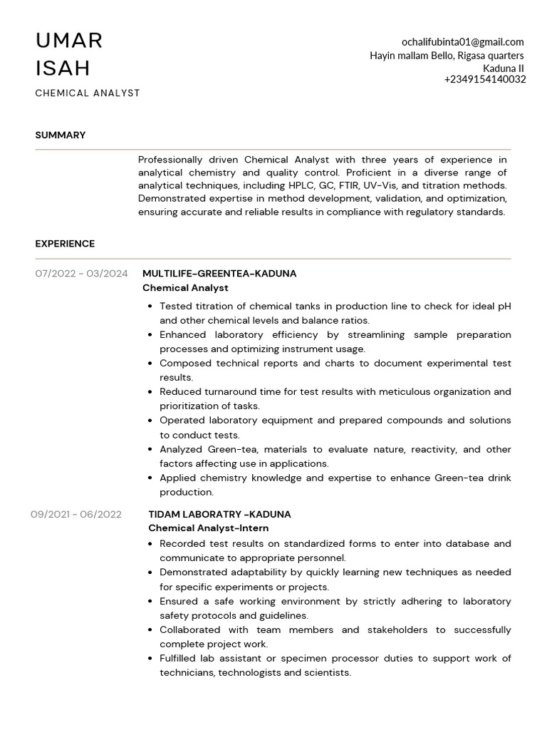 Umar Musa Resume | PDF | Analytical Chemistry | Laboratories