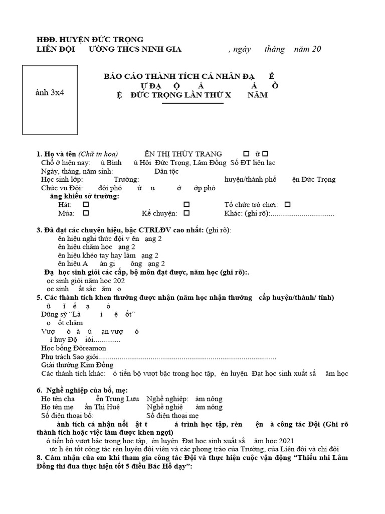 Mẫu BC thành tích đại biểu CNBH lớp 7a4 THUỲ TRANG | PDF