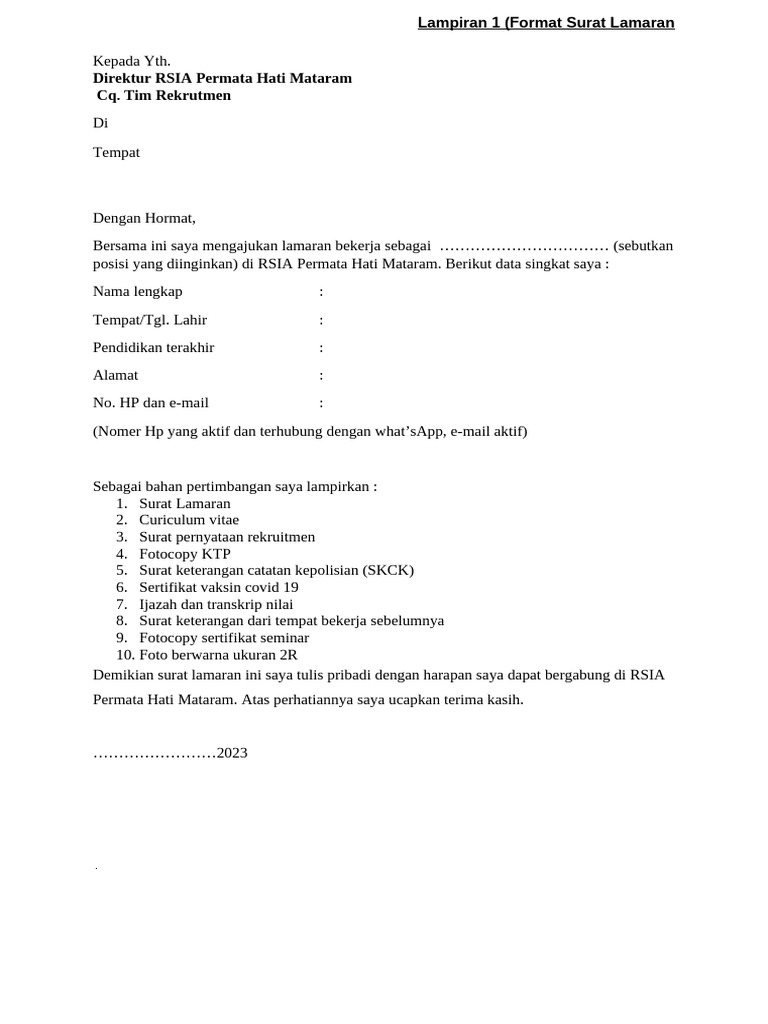 Tamplate Lamaran, CV Dan Komitmen RSIA Permata Hati Mataram | PDF