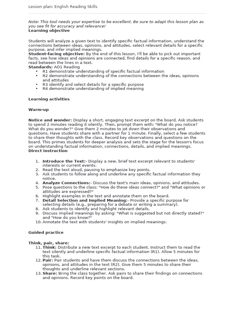 Lesson Plan - English Reading Skills | PDF | Information | Cognition