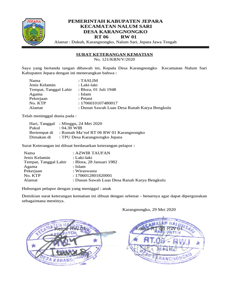 Contoh Surat Kematian Pdf