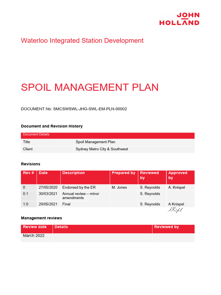 SMCSWSWL JHG SWL EM PLN 00002 Spoil Management Sub Plan - Rev 1.0 | PDF ...