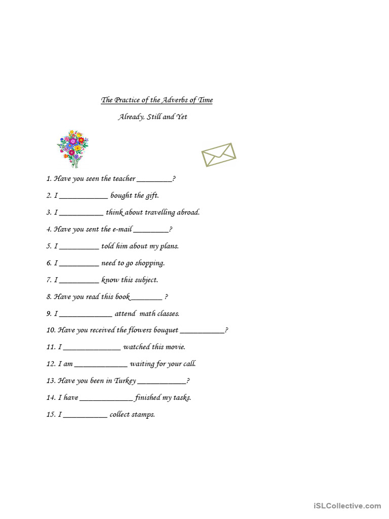Adverbs of Time: Already, Still, Yet Exercises | PDF | Language Arts ...