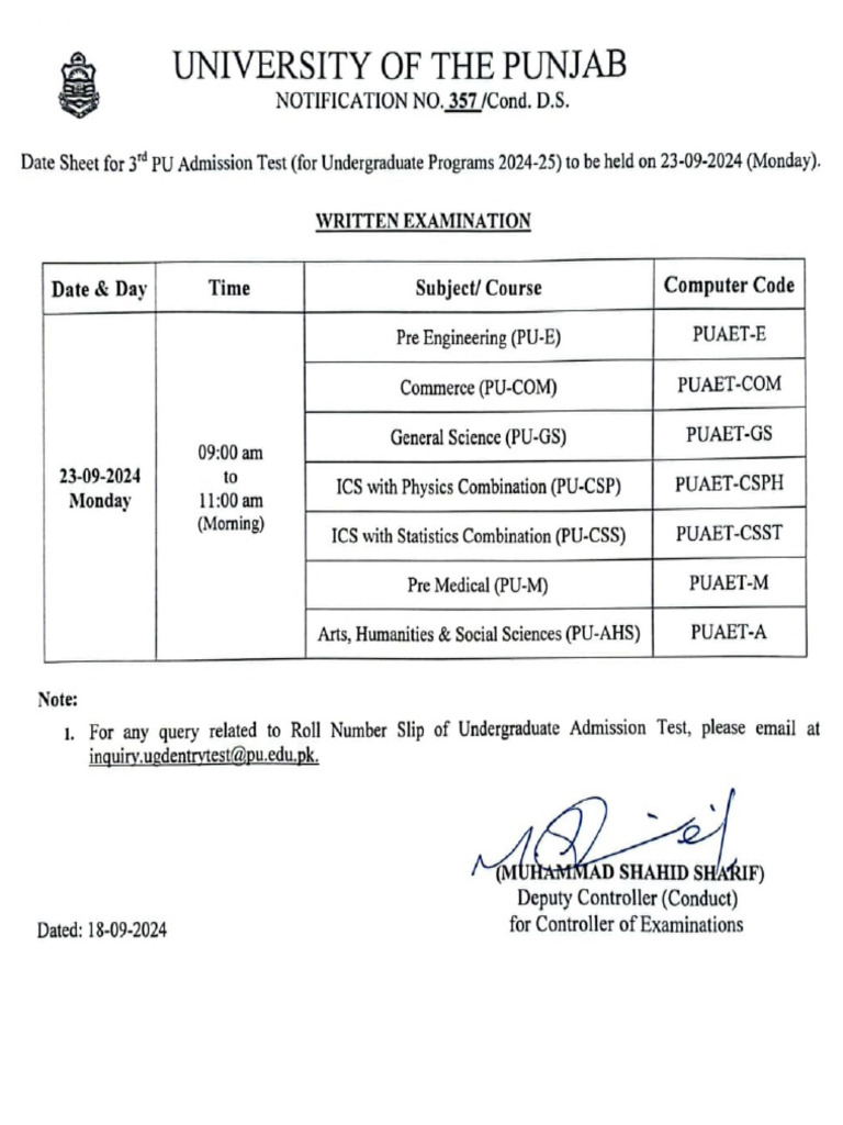 Date Sheet For 3rd PU Admission Test For Undergraduate Programs 2024 ...