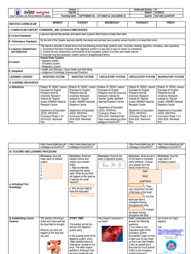 g4q2w2 DLL Science Matatag | PDF | Heart Valve | Atrium (Heart)
