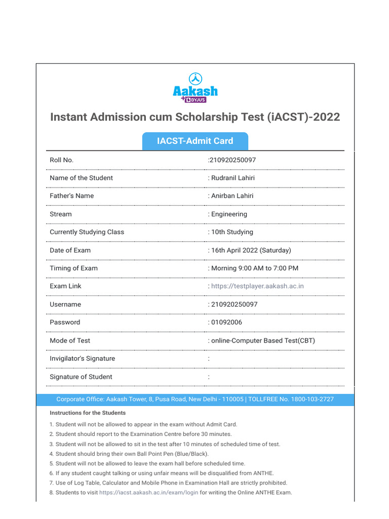 Admitcard - Scholarships Exam | PDF