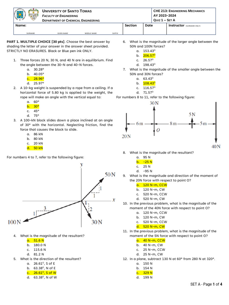 Che213-Q1-Ay2023 2024 Set-A Anskey | PDF | Force | Physical Quantities