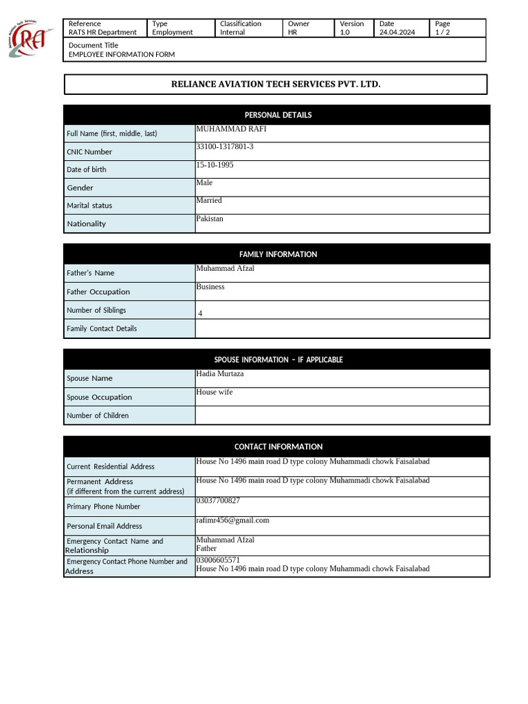 Rats Employee Information Form - 2024-Updated | PDF | Employment | Labor