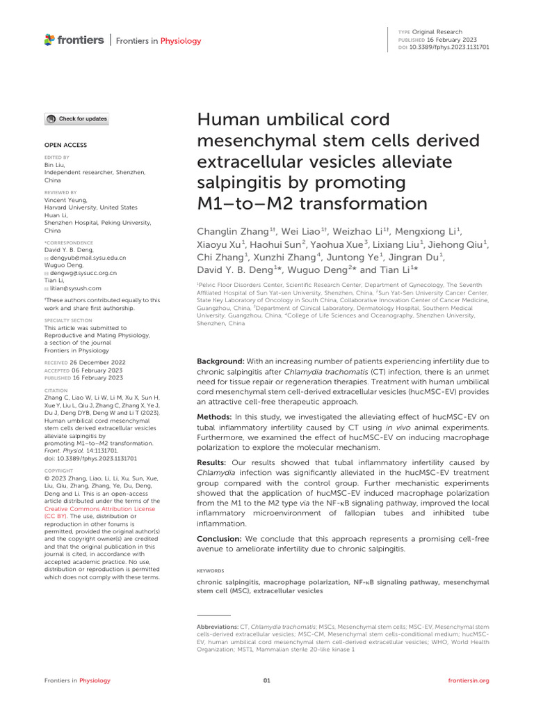 Human Umbilical Cord Mesenchymal Stem Cells Derived Extracellular Vesicles Alleviate Salpingitis ...