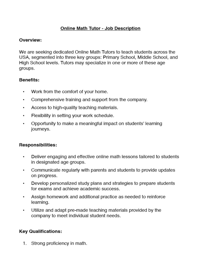 Online Math Tutor - Job Description and Payment Structure | PDF ...