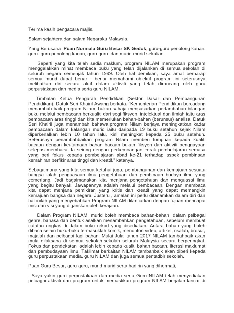 Teks Ucapan Pelancaran Nilam | PDF