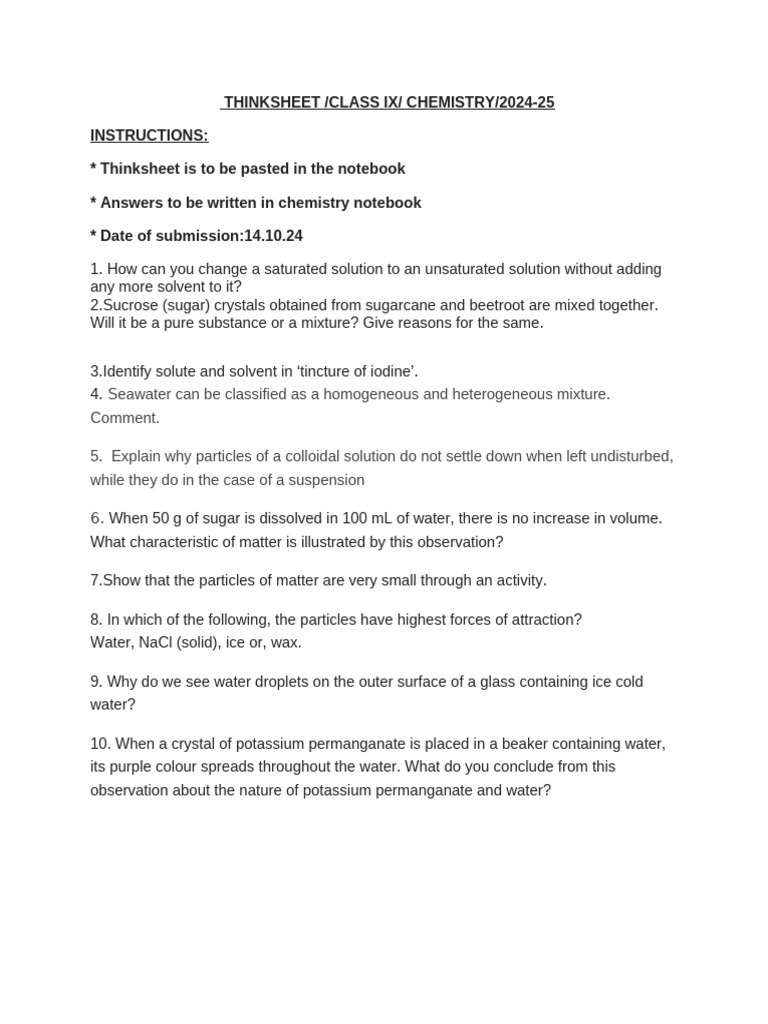 Autum Break Thinksheet Class Ix Chemistry | PDF | Science & Mathematics