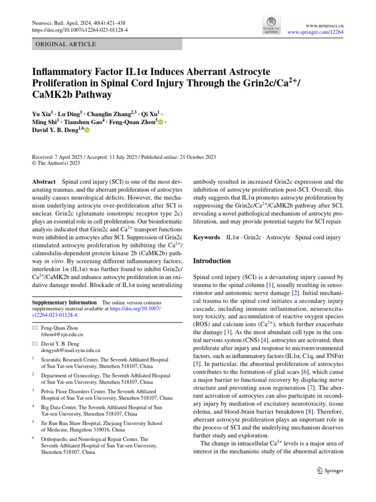 Inflammatory Factor IL1α Induces Aberrant Astrocyte Proliferation in Spinal Cord Injury Through ...