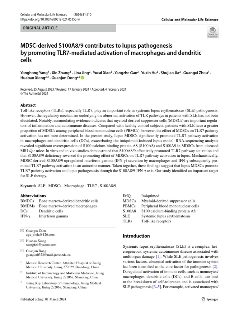 MDSC-derived S100A8/9 Contributes To Lupus Pathogenesis by Promoting ...