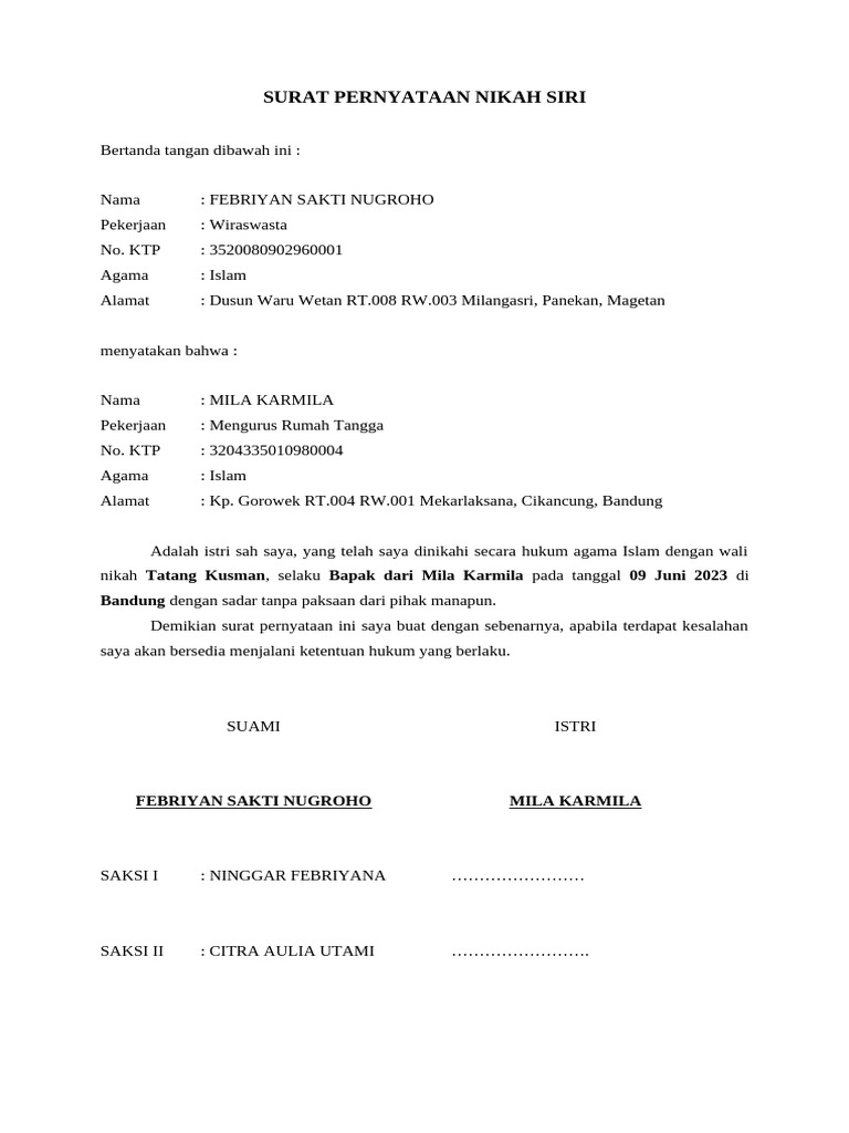 Surat Pernyataan Nikah Siri | PDF