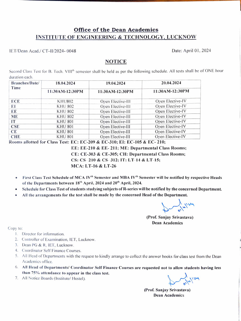 B.Tech Class Test Schedule April 2024 | PDF