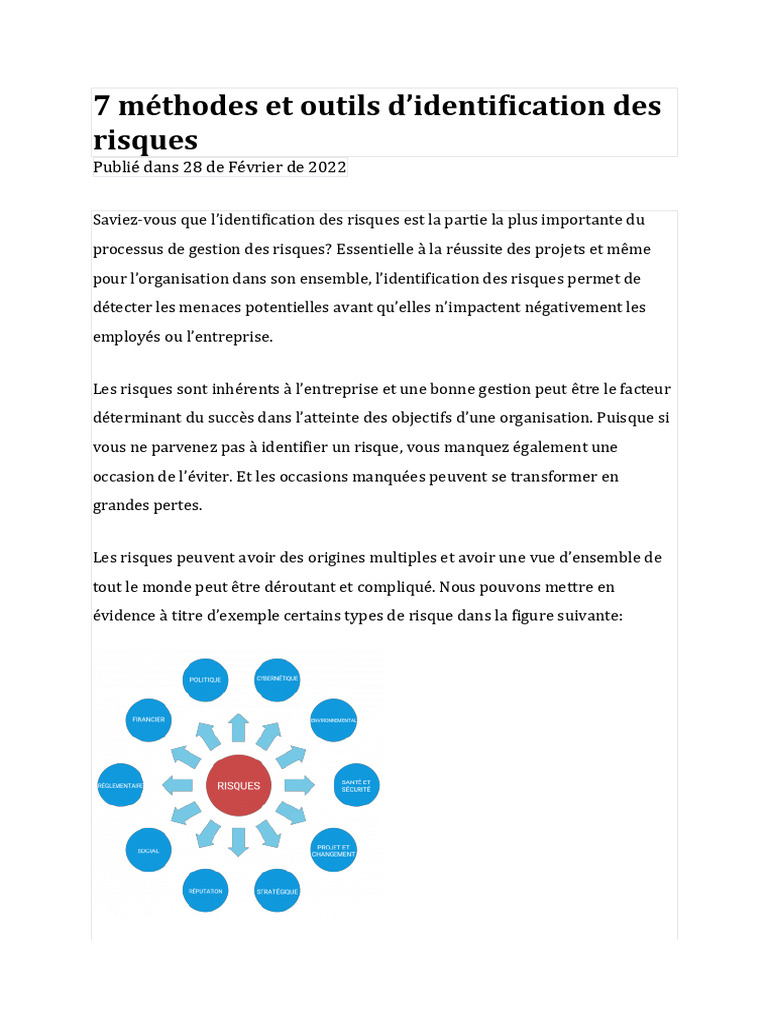 7 Méthodes Et Outils IDENTIFICATION DES RISQUES | PDF | Risque | Analyse SWOT