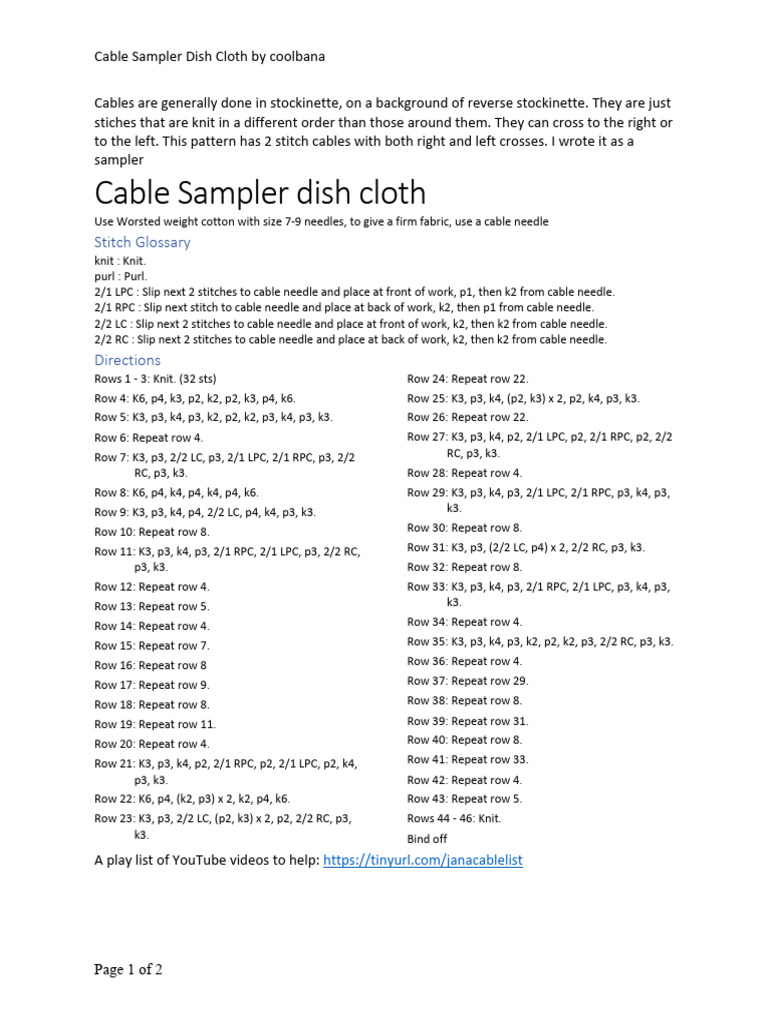 Cable Sampler Dish Cloth | PDF | Knitting | Basic Knitted Fabrics
