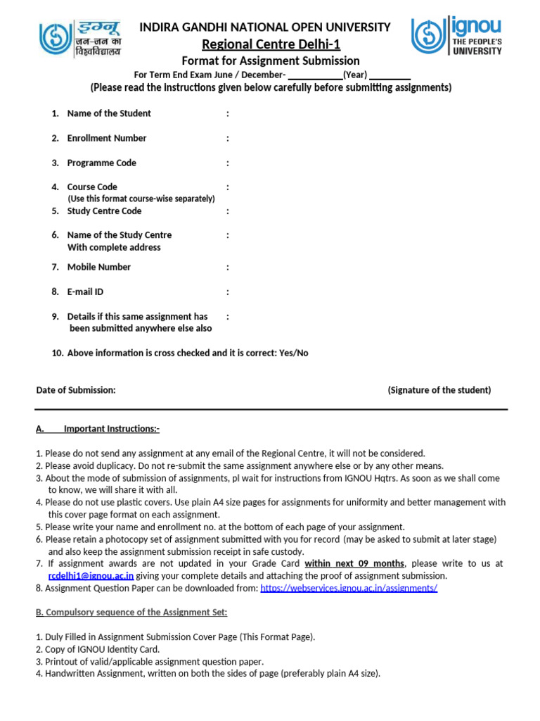Format For Assignment Cover Page-2024 Onwards | PDF | Computing