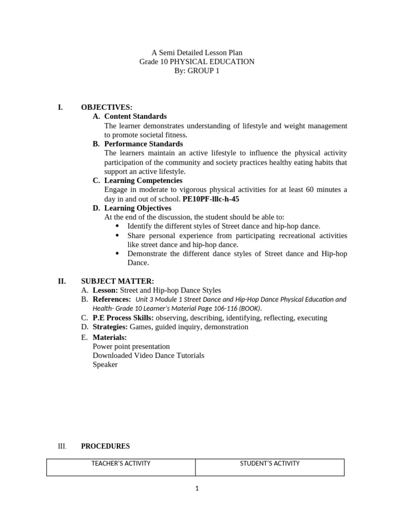 G1 DETAILED LESSON PLAN | PDF | Social Dance | Performing Arts