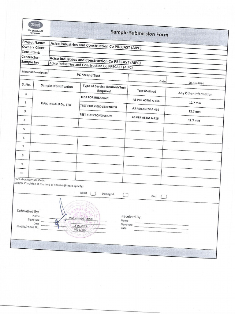 PC Strand Sample Submission Form | PDF