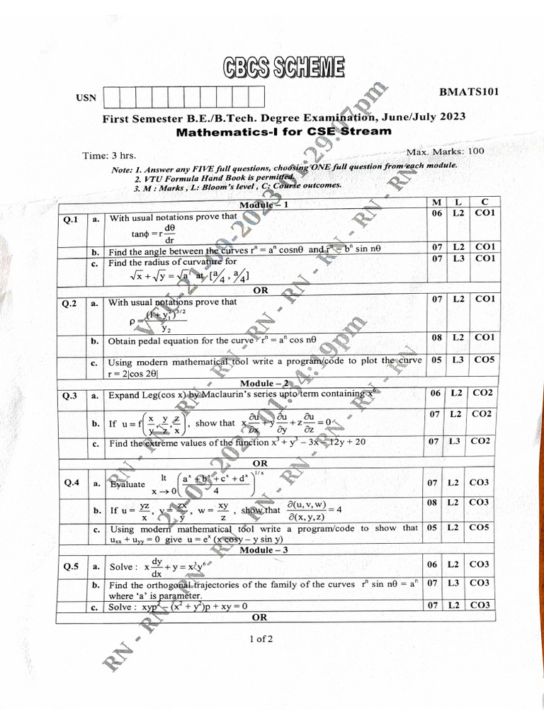 Cse - Bmats101 June - July 2023 QP With Solution | PDF