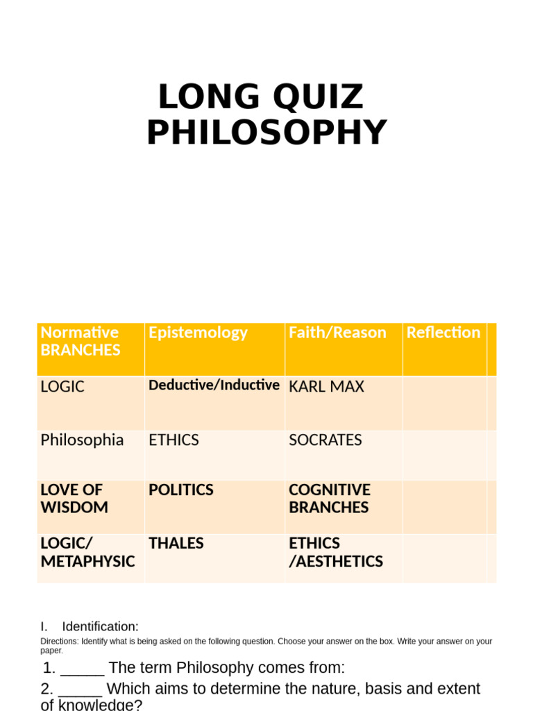 Philosophy Quiz: Key Concepts & Branches | PDF