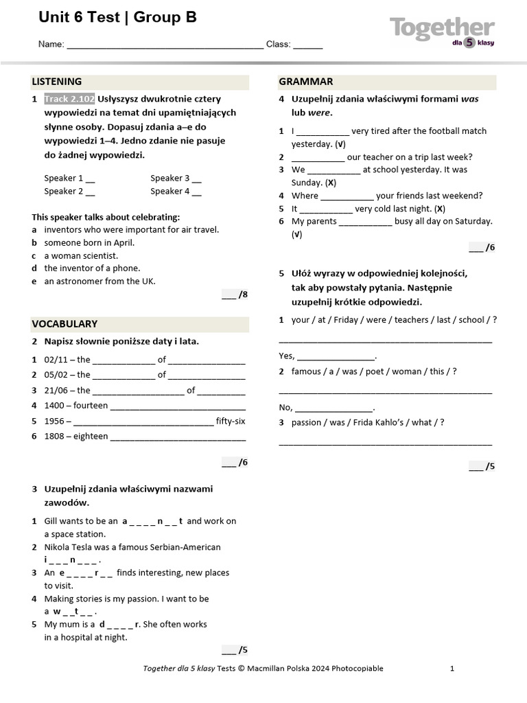 Together - kl5 - U6 - Unit - Test - Standard B | PDF | Spaceflight | Flight