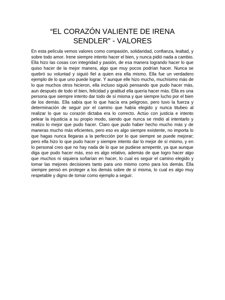 "El Corazón Valiente de Irena Sendler" - Valores | PDF | Salud y bienestar