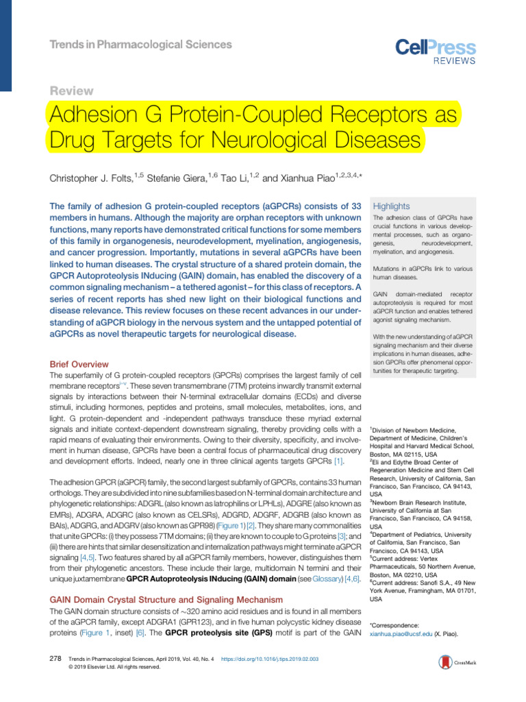 2019 Adhesion G Protein-Coupled Receptors As Drug Targets For ...