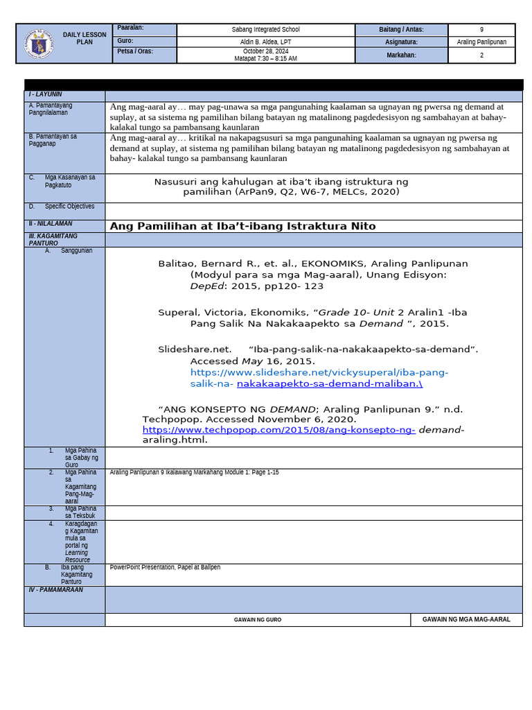 DLP AP9 Q2 Mod1 Week 4 Day1 | PDF