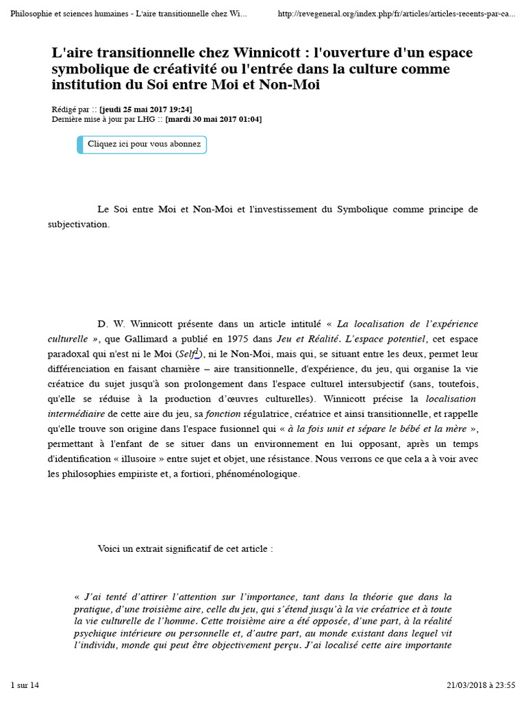 Aire transitionnelle chez Winnicott | PDF | Sigmund Freud | Réalité