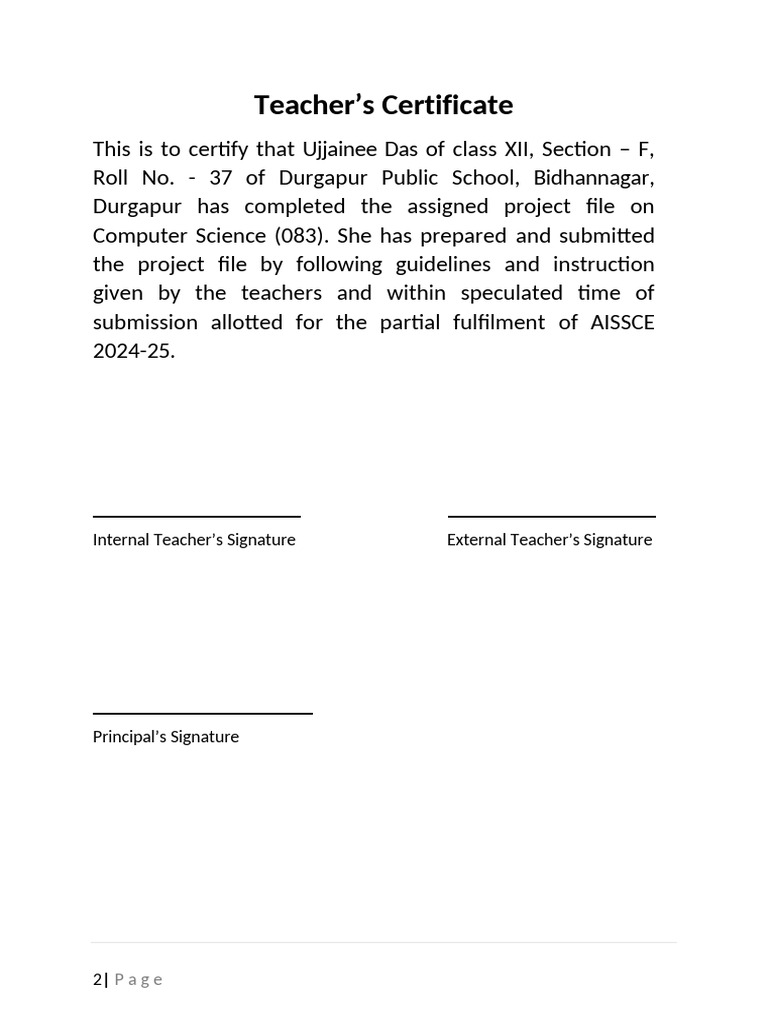 Teacher's Certificate for Project Completion | PDF