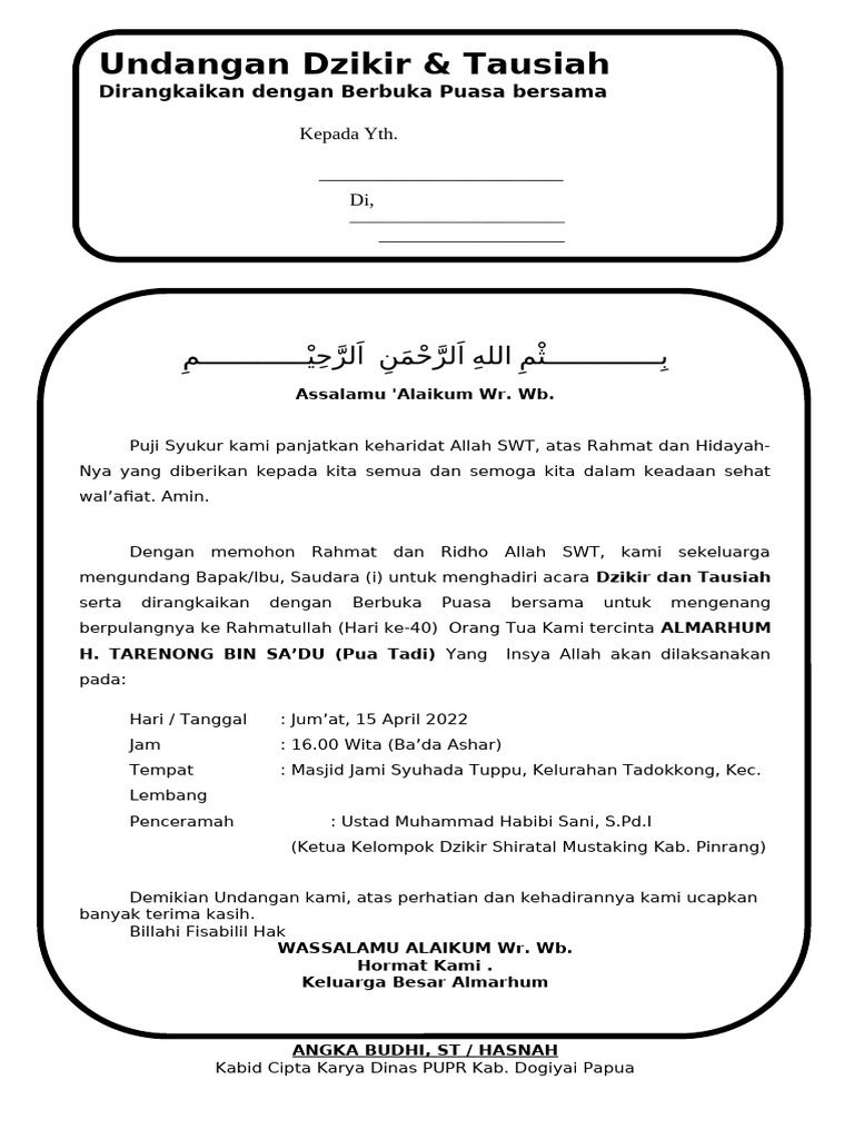 Undangan Acara Dzikir dan Tausiah | PDF