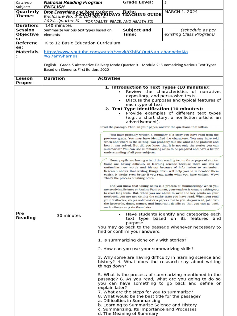 GRADE 5-national reading program | PDF | Human Communication | Learning