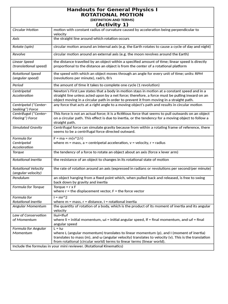 Handouts For General Physics I Rotational Motion (Activity 1) | PDF ...