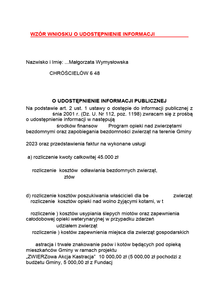 Wzor Wniosku o Udostepnienie Informacji Publicznej | PDF