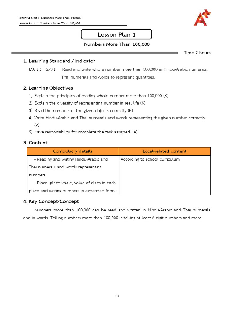 Lesson Plan 1-1 Numbers More Than 100,000 | PDF | Learning | Lesson Plan