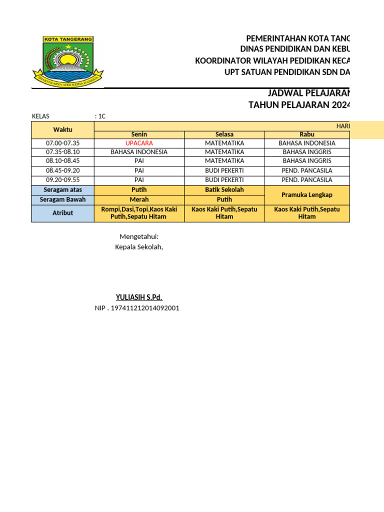 Jadwal Pelajaran Kelas 1c | PDF