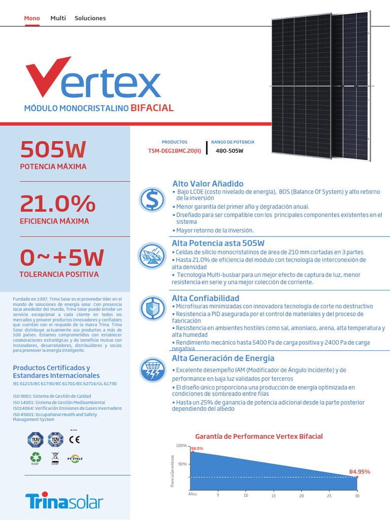 Trina 500W Datasheet Vertex DEG18MC.20 (II) 2021 A ES | PDF ...