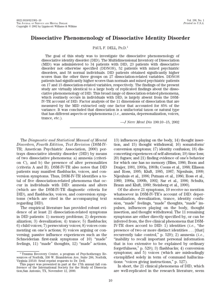 DELL, 2002 - Dissociative Phenomenology of DID - Original | PDF ...