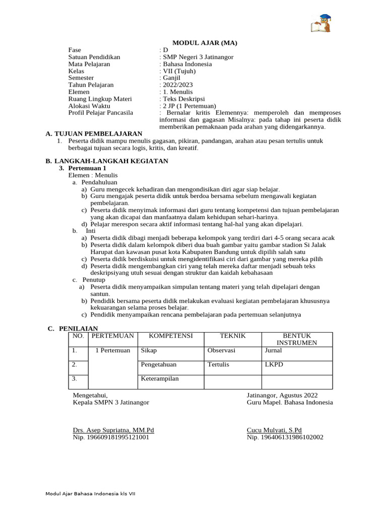 MODUL AJAR 2 Kelas 7 Bahasa Indonesia Supervisi Menulis | PDF | Kajian Bahasa Asing