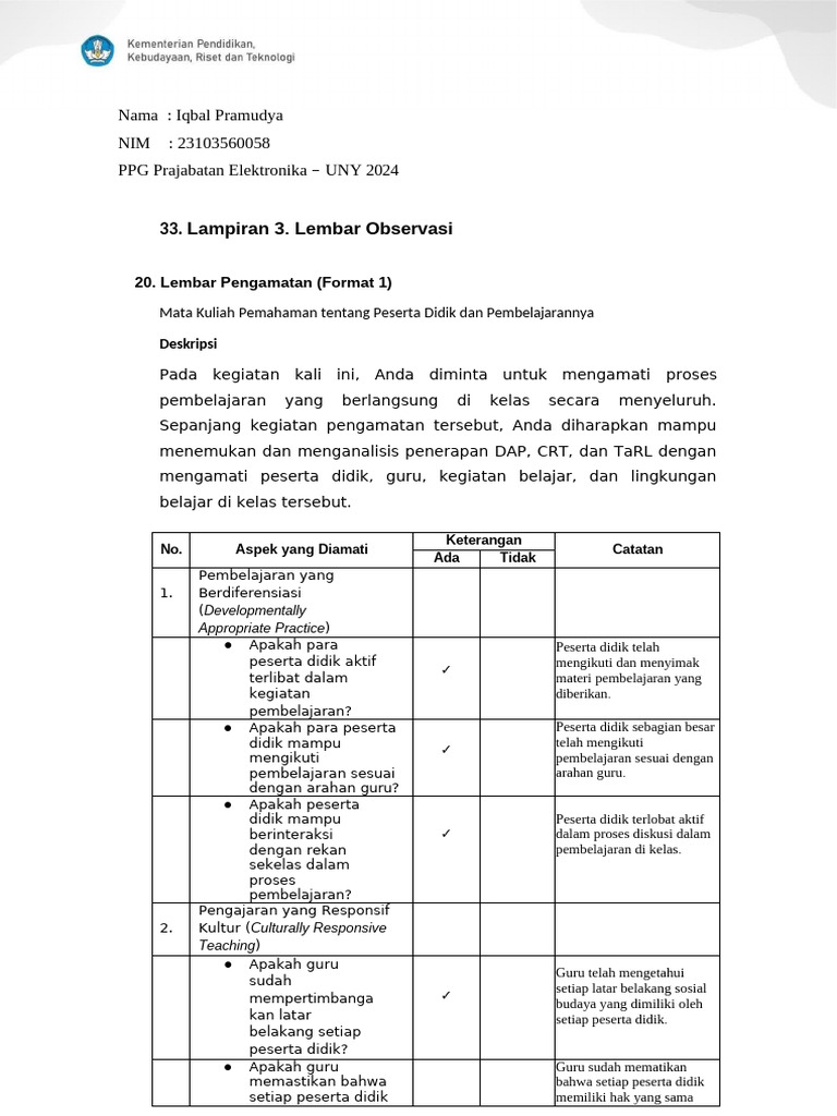 01 02 3 T1 6 Elaborasi Pemahaman Lembar Pengamatan | PDF | Karier & Perkembangan | Seni ...