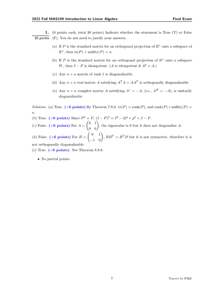 2022F MAS109 Final Exam Solutions | PDF | Eigenvalues And Eigenvectors | Matrix (Mathematics)