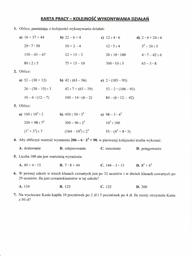 Kolejność Wykonywania Działań Klasa 4 | PDF