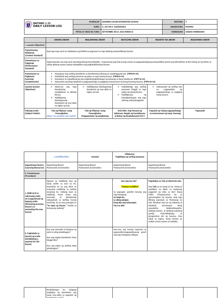 DLL Filipino 9 Week 2 | PDF