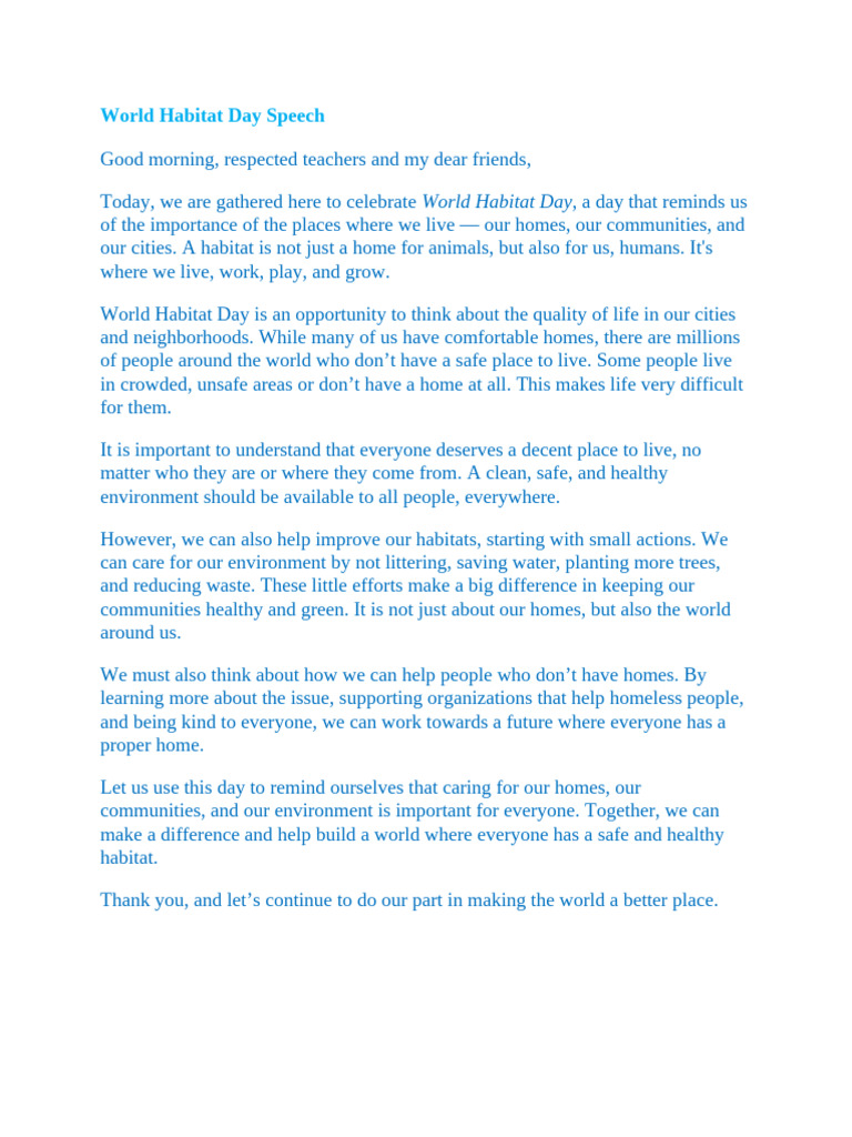 World Habitat Day Speech | PDF