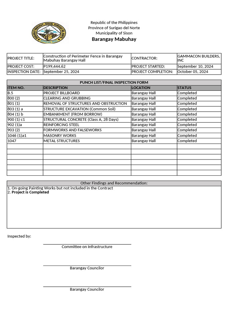 Punchlist Form | PDF
