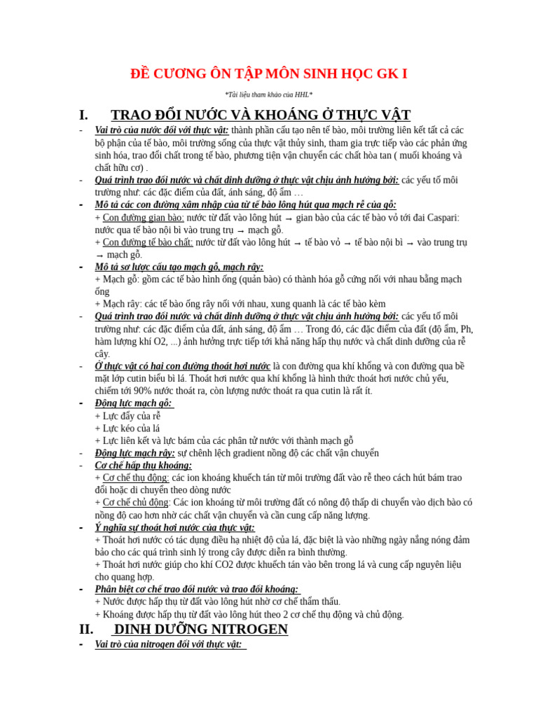 Đề Cương Ôn Tập Môn Sinh Học Gk i | PDF