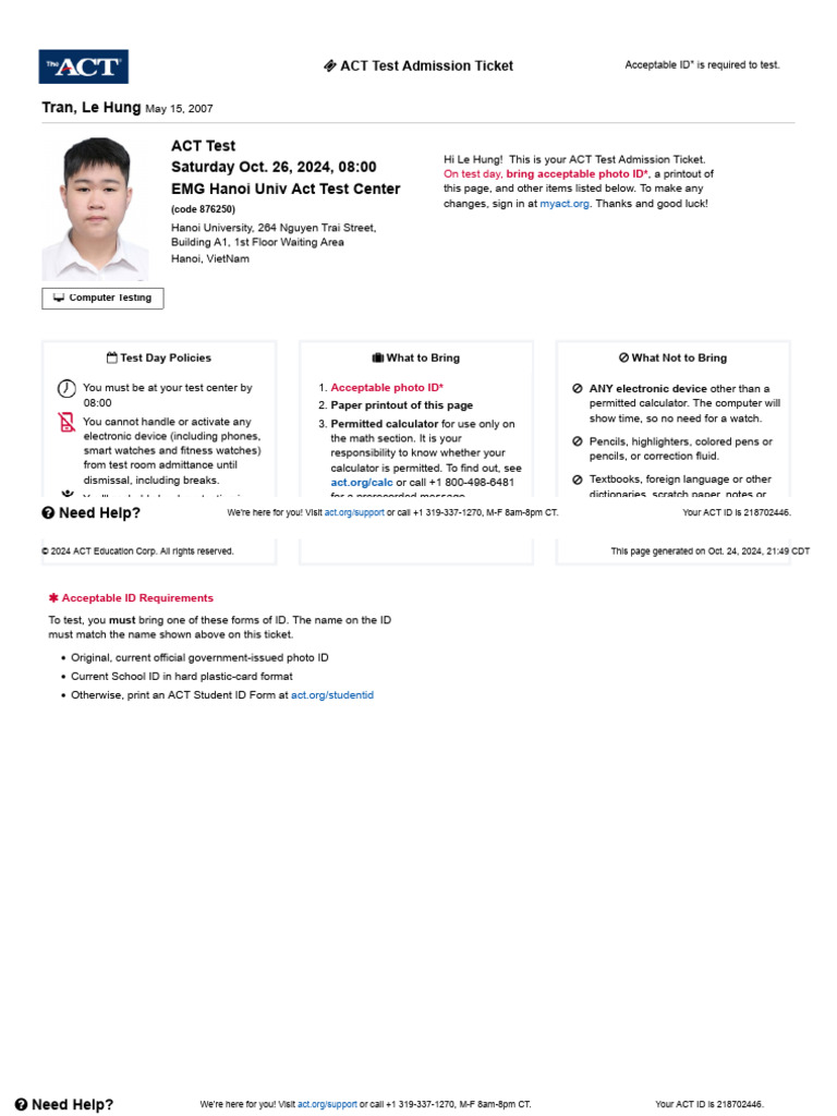 Admission Ticket - MyACT | PDF | Act (Test)